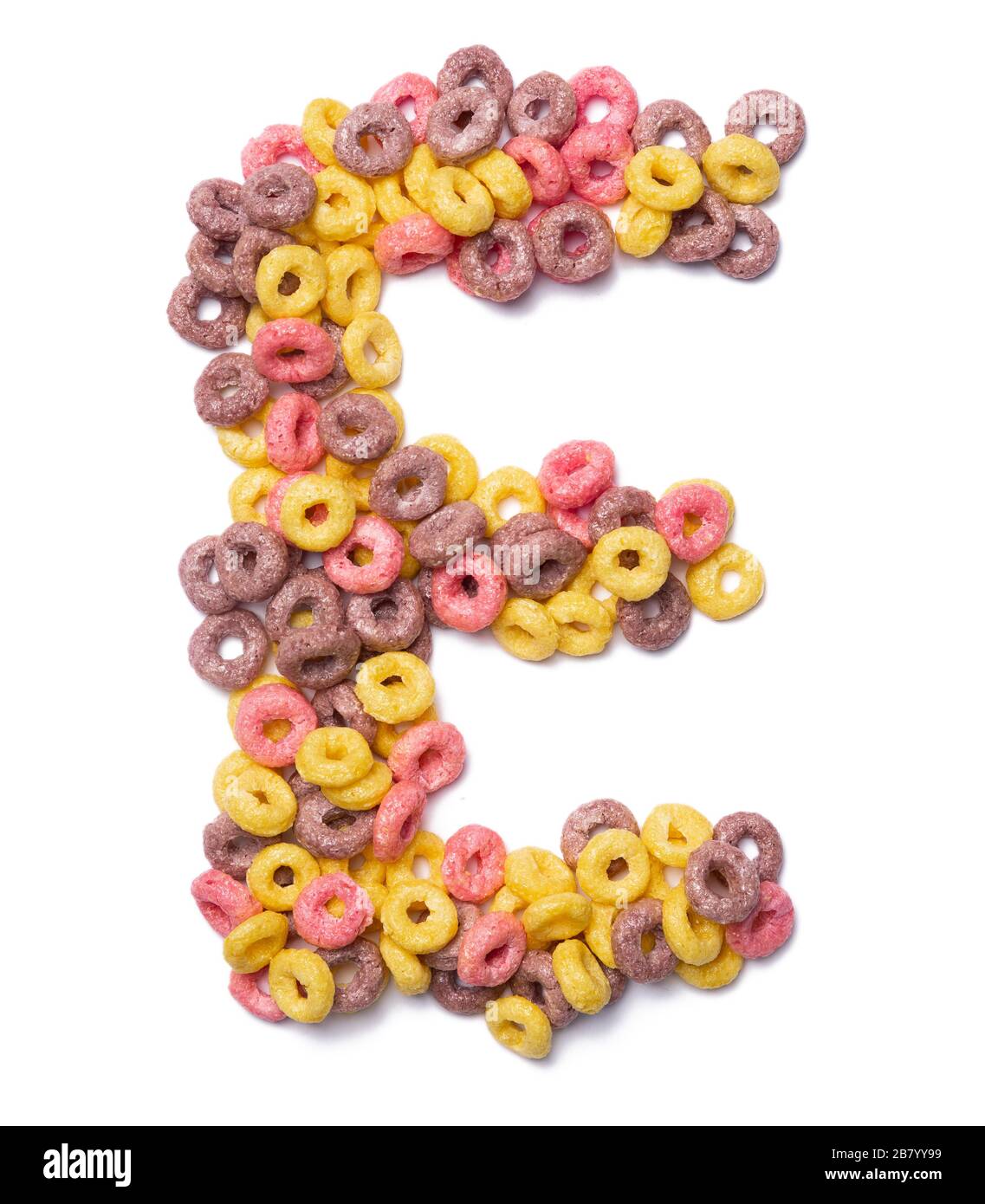 Letter E of the English alphabet from pink colored flakes on a white ...