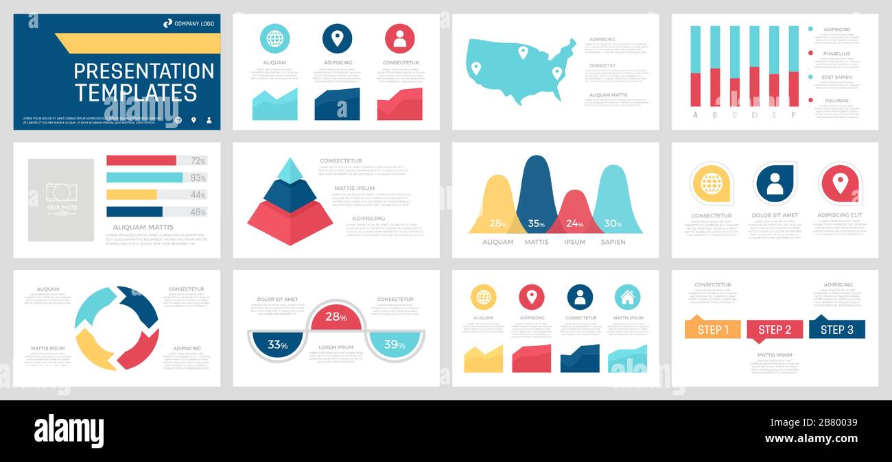 Set of yellow, red, blue and turquoise elements for multipurpose ...