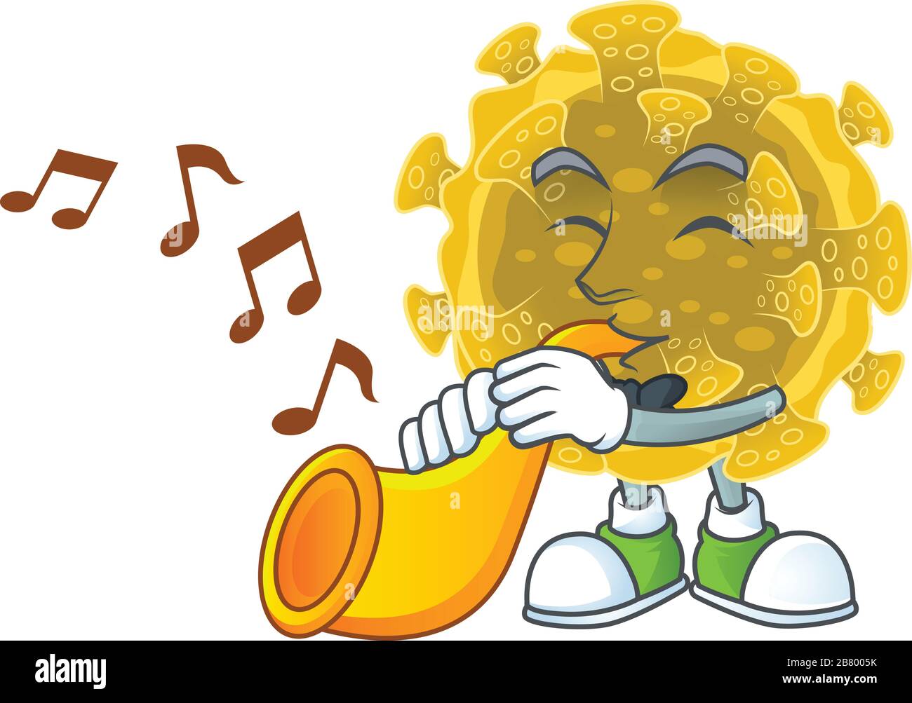 Infectious coronavirus cartoon character playing music with a trumpet ...