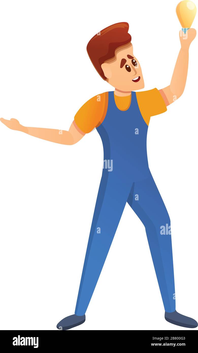 Electrician and light bulb icon. Cartoon of engineer and light bulb ...