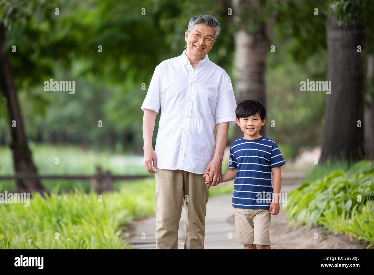 Happy Chinese grandfather and grandson holding hands in park Stock ...