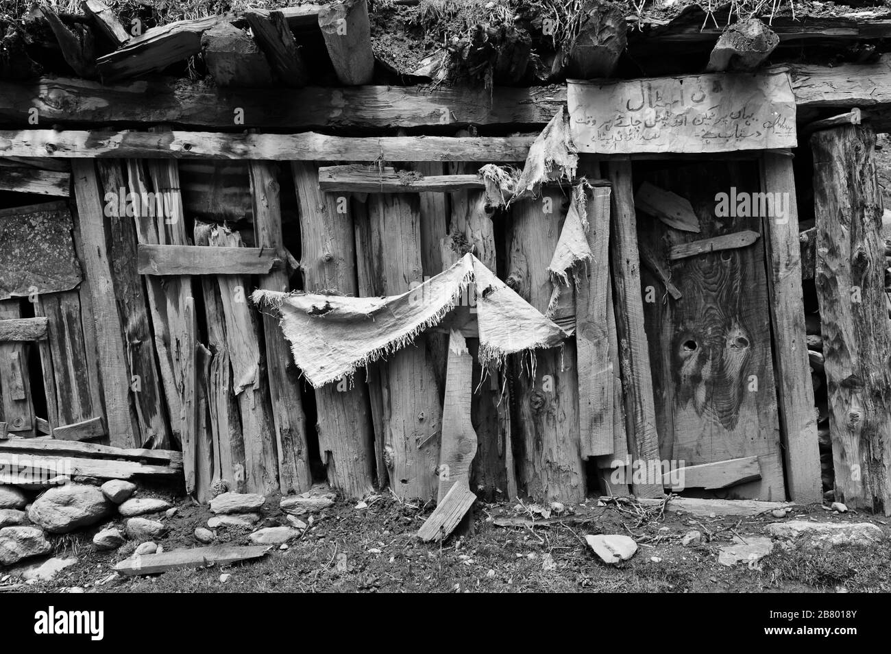 Wood logs damaged hut, Pahalgam, Kashmir, Jammu and Kashmir, India ...