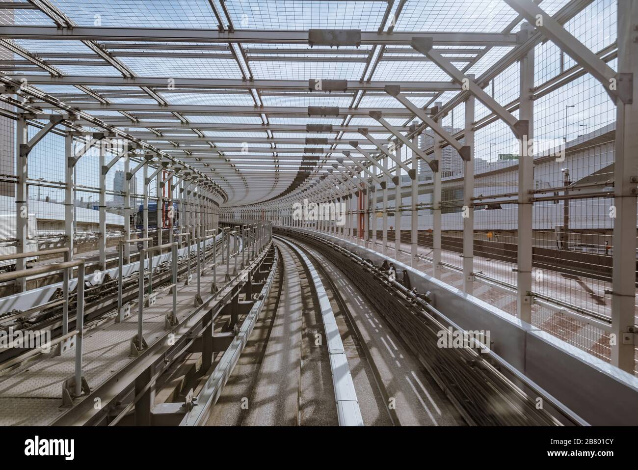 tunnel of monorail road view from front window of a moving train ...