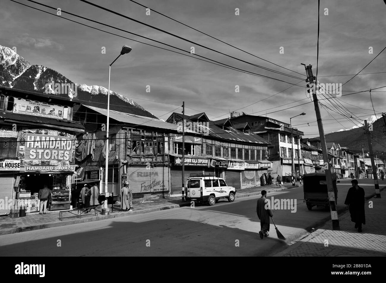 Market road shops, Pahalgam, Kashmir, Jammu and Kashmir, India, Asia ...