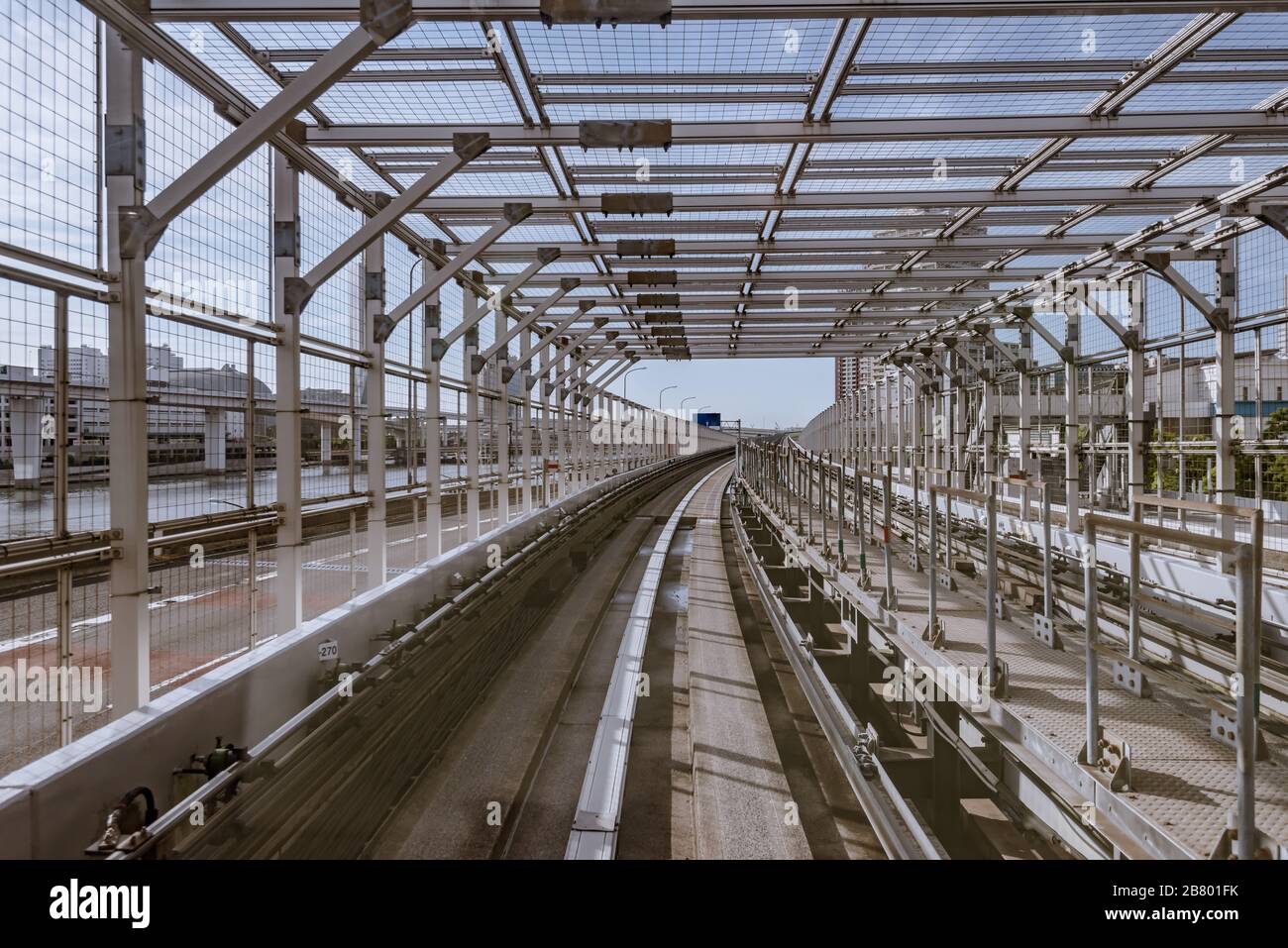 tunnel of monorail road view from front window of a moving train ...