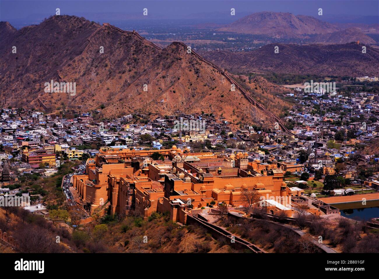 Panoramic view of a majestic fort with hills and pinkish blue sky in ...