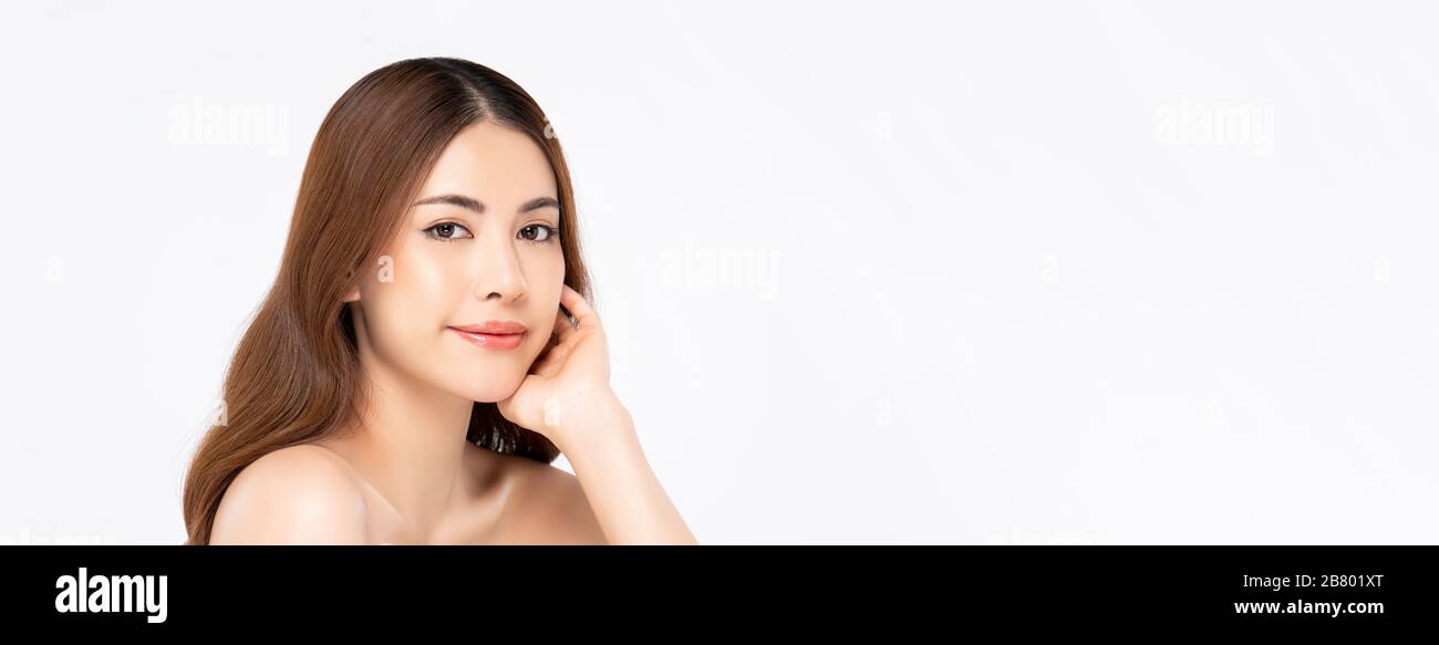 Beauty shot of Asian woman model with clear fair skin doing hand ...