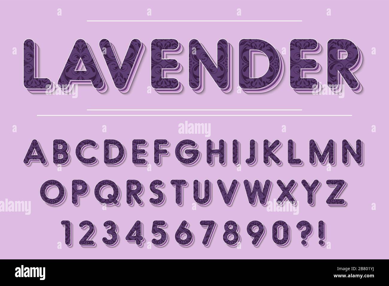 Modern 3D lavender Alphabet Letters, Numbers and Symbols. Sweet ...