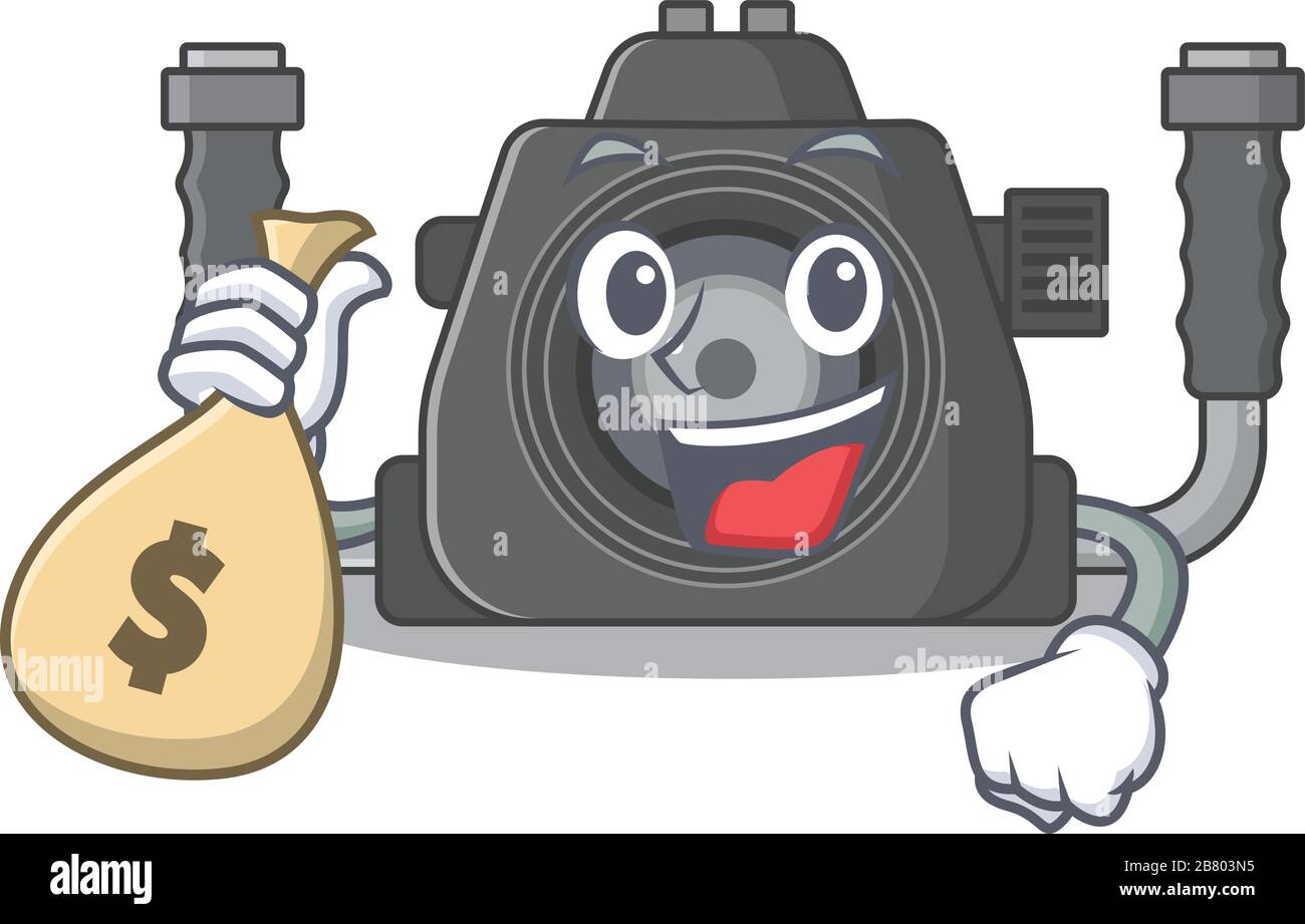 Smiley rich underwater camera cartoon character bring money bags Stock ...