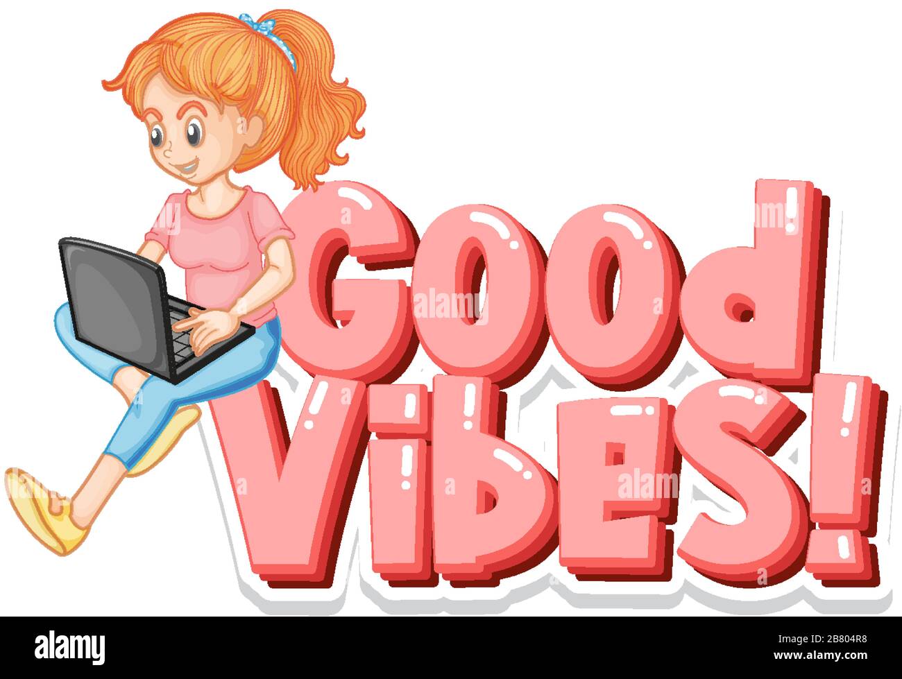 Font design for word good vibes with happy girl working on computer ...