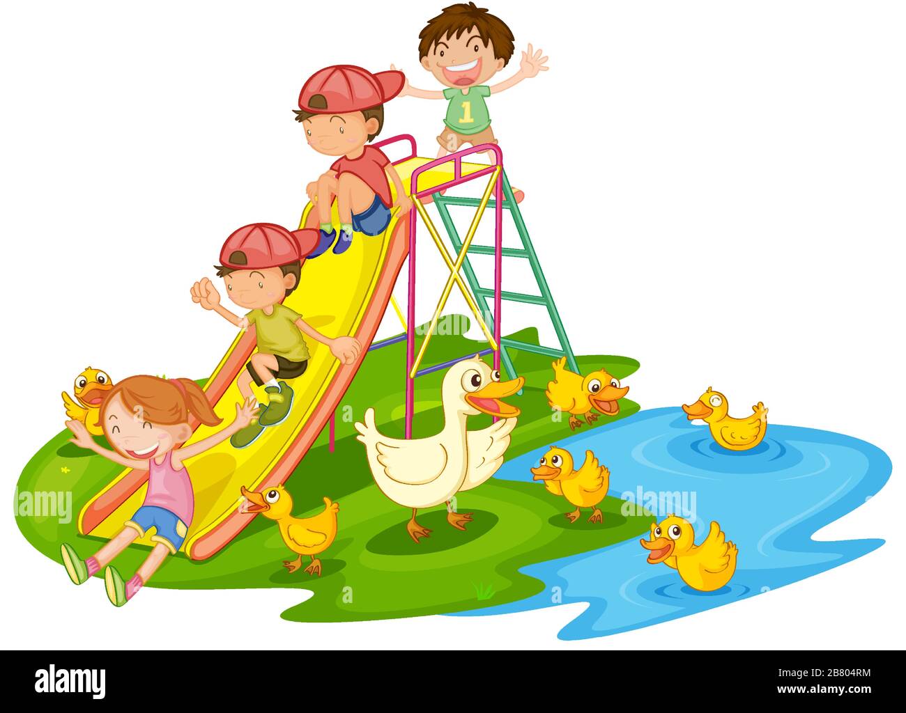 Scene with many kids playing slide in the playground illustration Stock ...