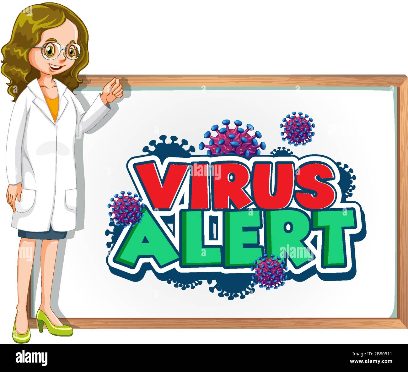 Font design for word virus alert with female doctor and board ...