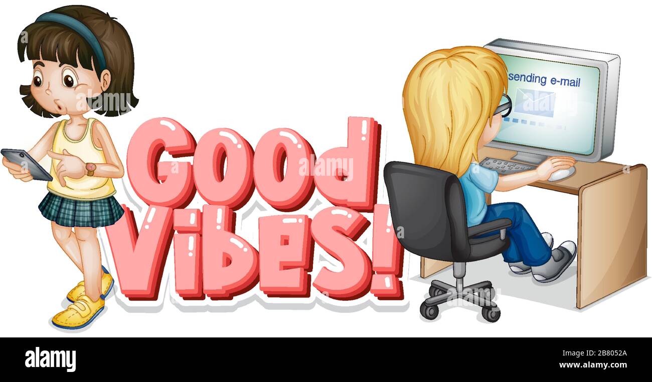 Font design for word good vibes with happy kids working on computer ...