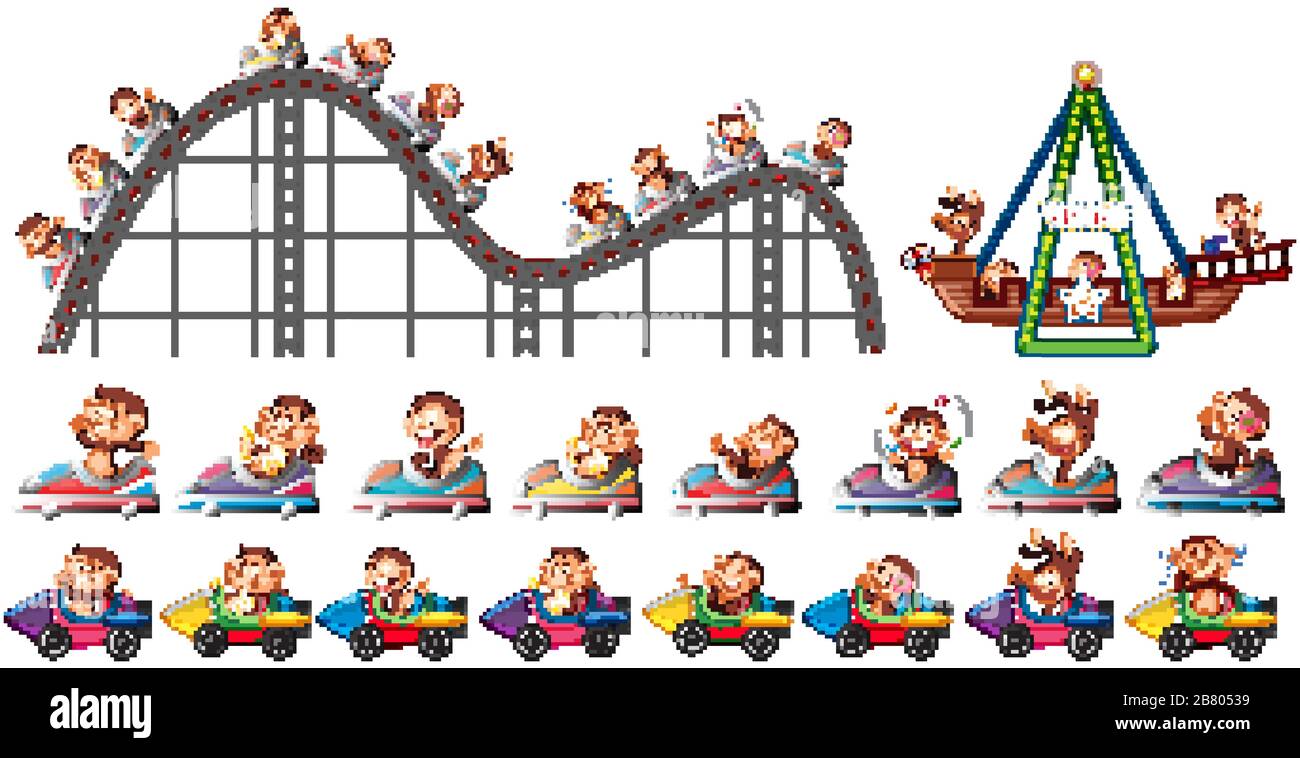 Set of monkeys riding on different rides in the circus illustration ...