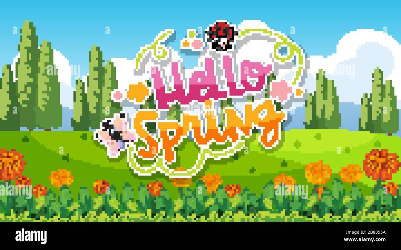 Nature scene background with hello spring sign in the garden ...