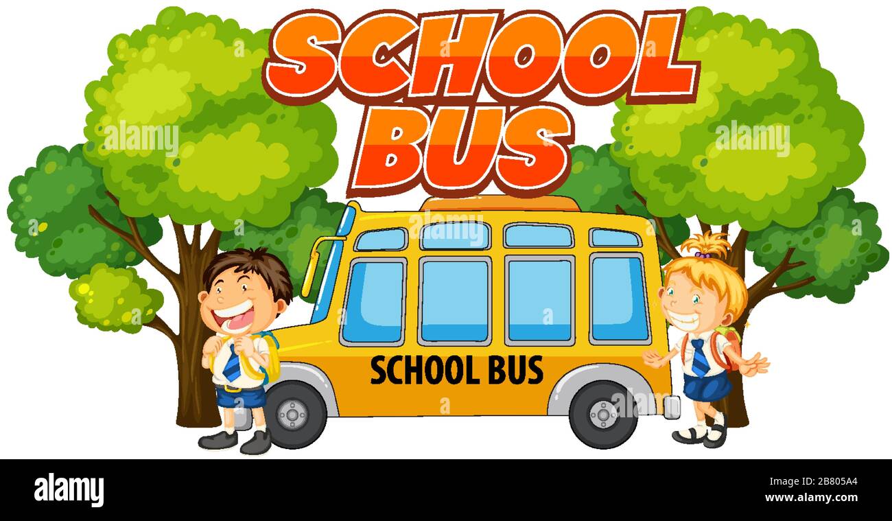 Font design for word school bus with kids by the bus illustration Stock ...