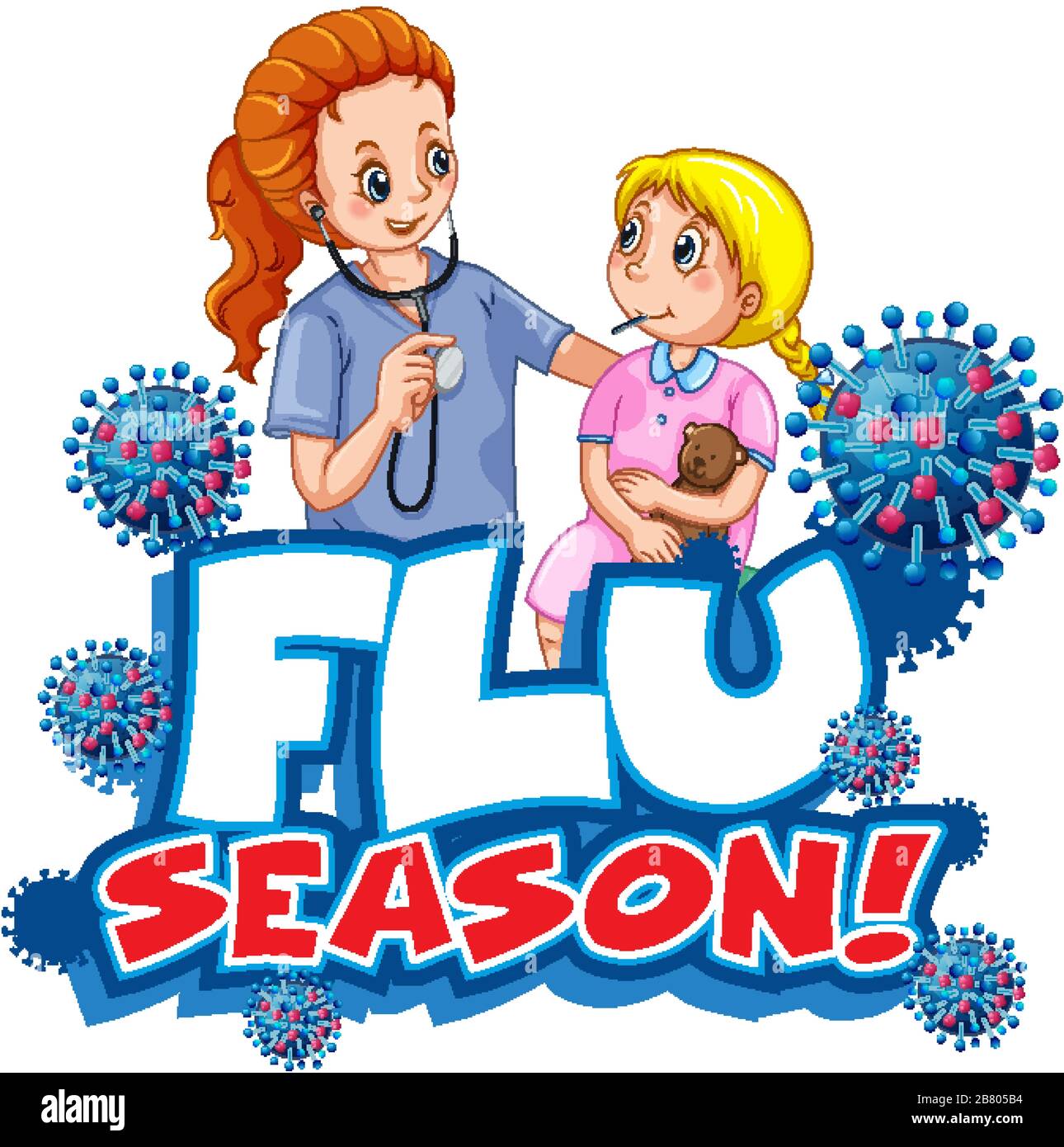 Font design for word flu season with doctor and little girl ...