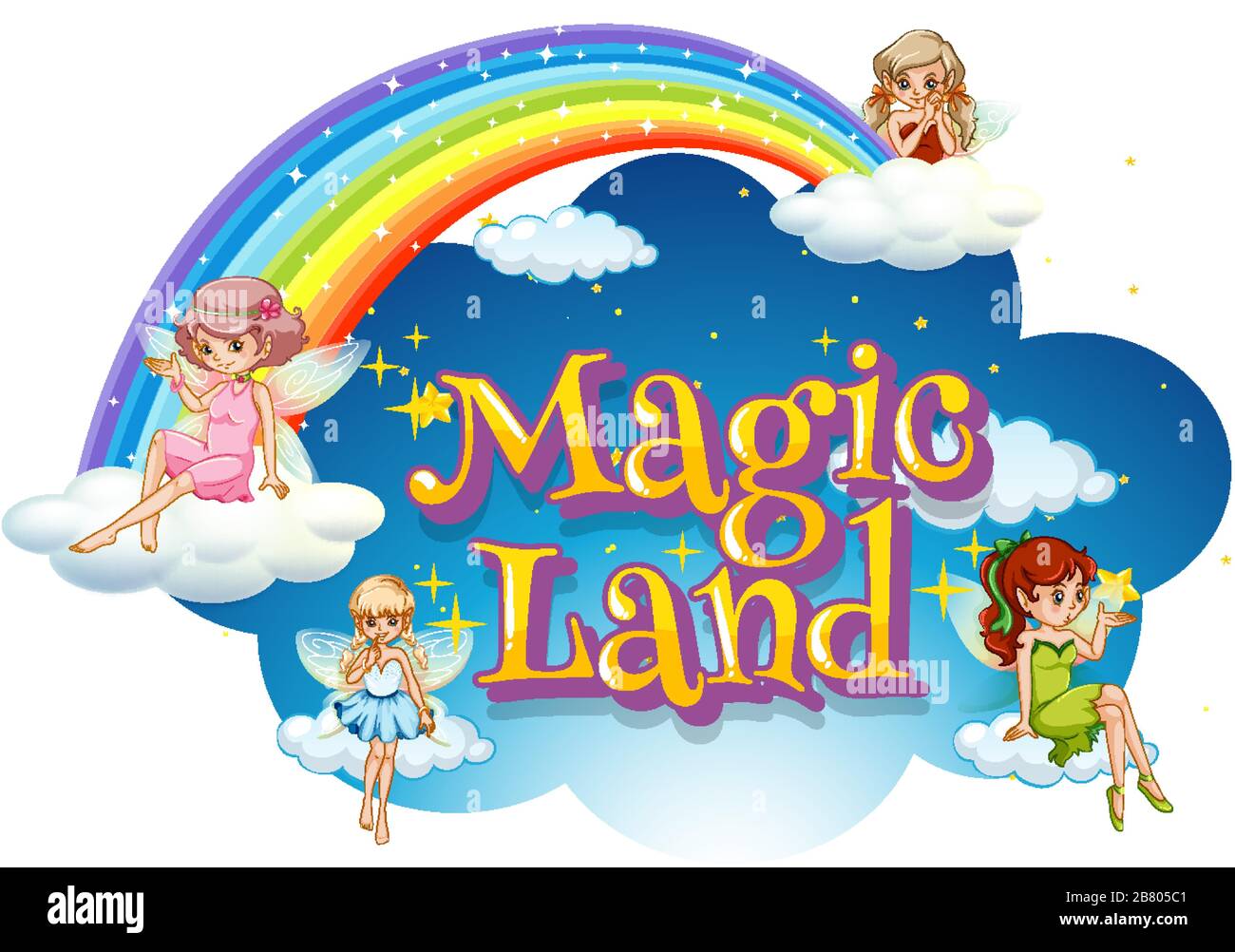 Font design for word magic land with fairies flying in the sky ...