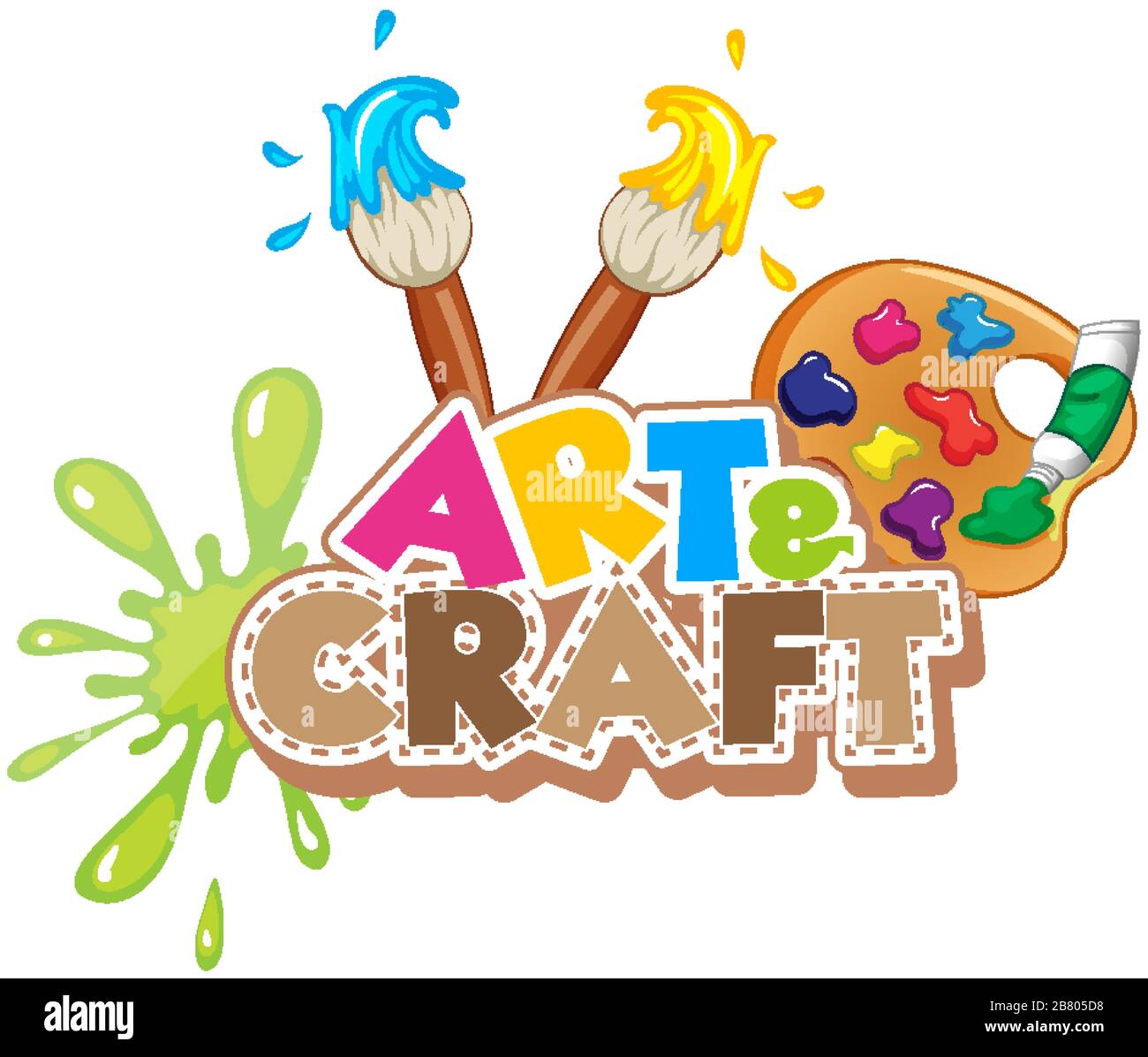 Font design for word art and craft with paintbrushes and paints ...