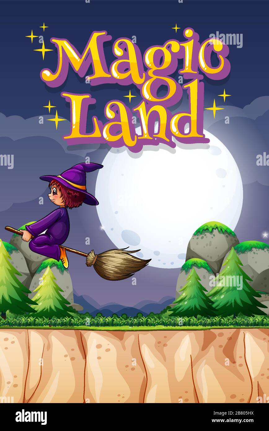 Poster design with word magic land and witch flying over the mountain ...