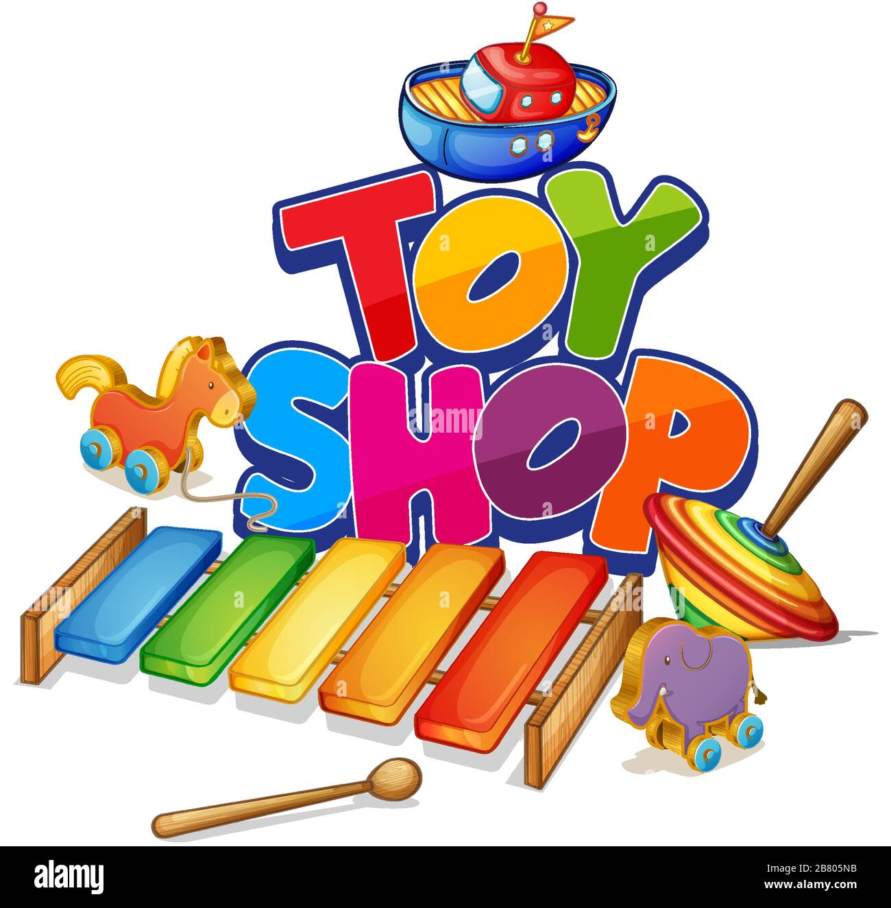 Font design for word toy shop with many toys on white background ...