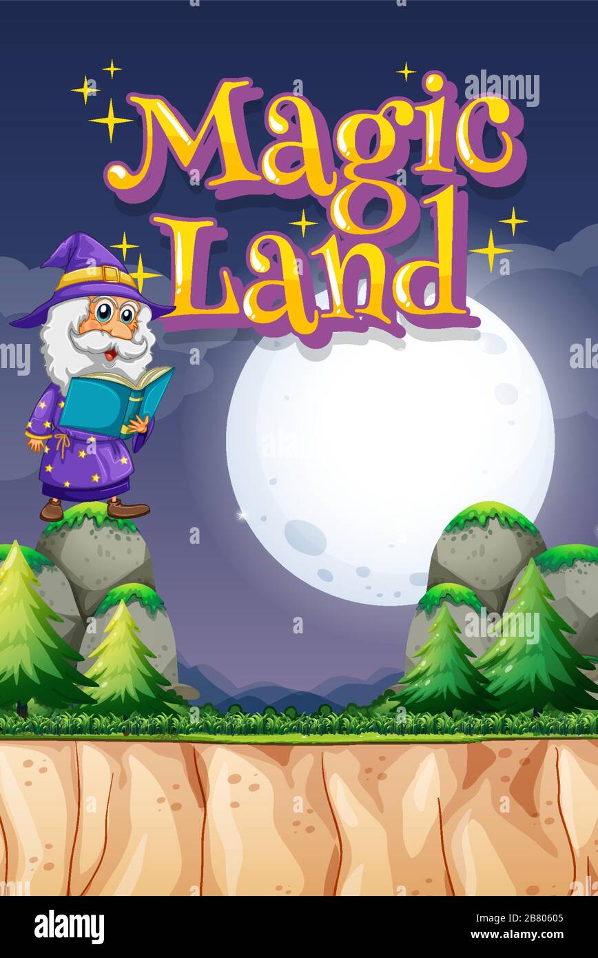 Poster design with word magic land and wizard reading book illustration ...