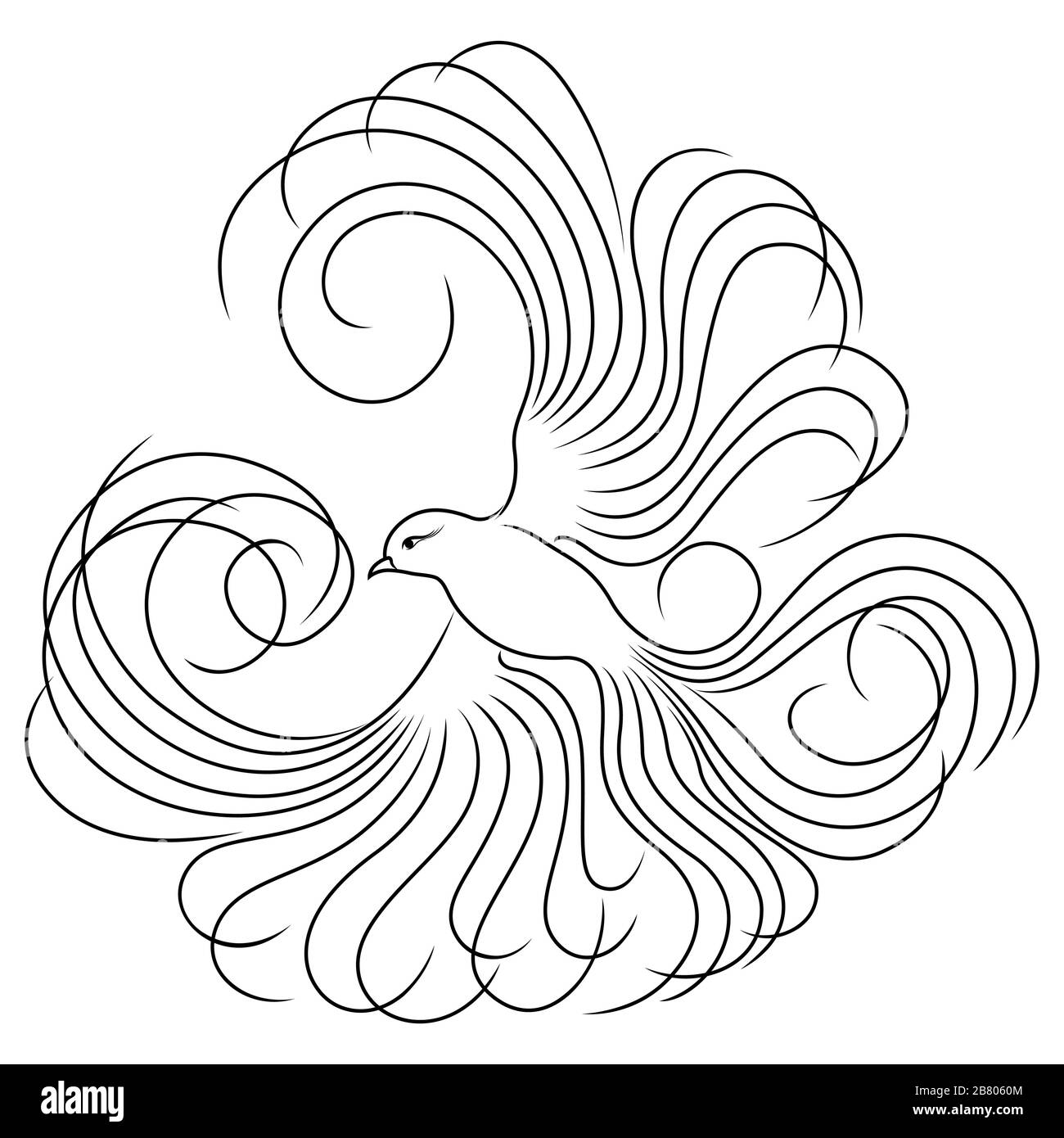 Adorable bird whose wings and tail are made as long wavy lines, black ...