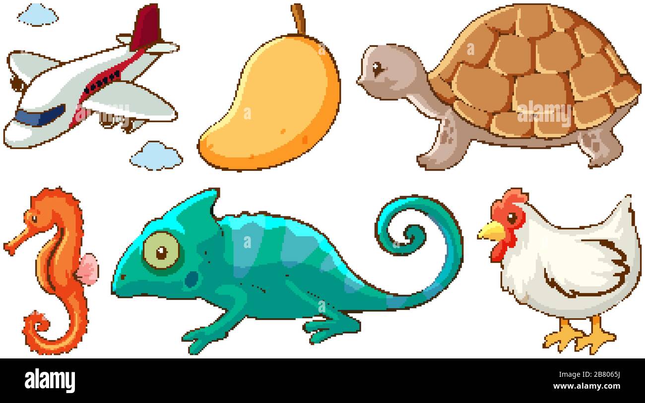 Large set of different animals and other objects on white background ...