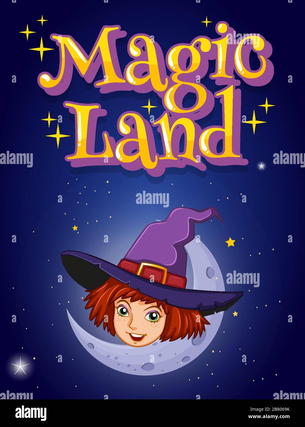 Poster design with word magic land and witch in the sky background ...