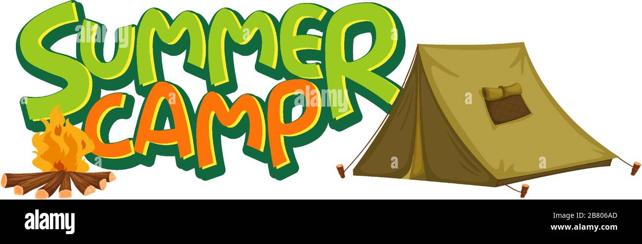 Font design for word summer camp with tent and campfire illustration ...