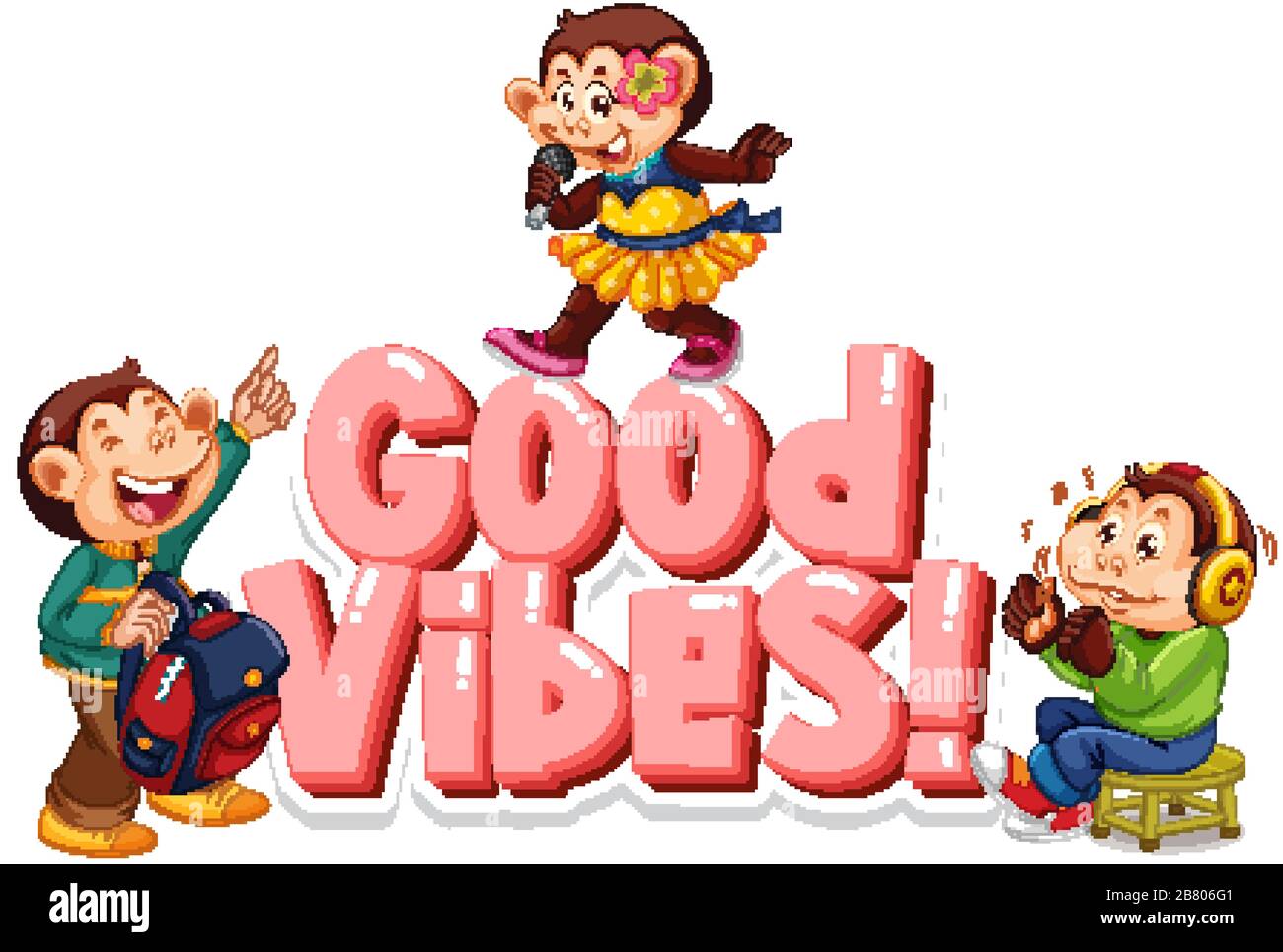 Font design for word good vibes with cute monkeys illustration Stock ...