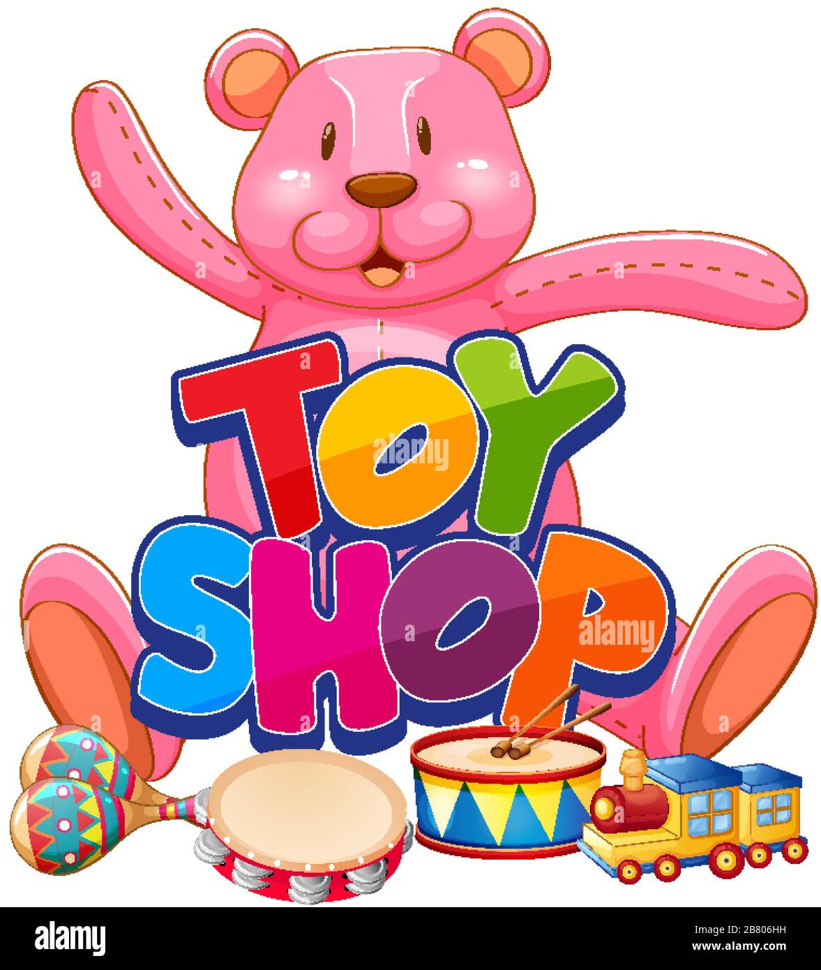 Font design for word toy shop with big teddy bear on white background ...