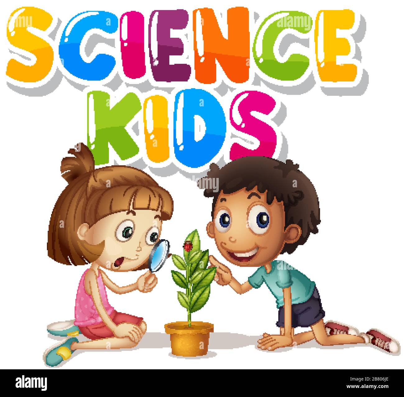 Font design for word science kids with two children looking at bug ...