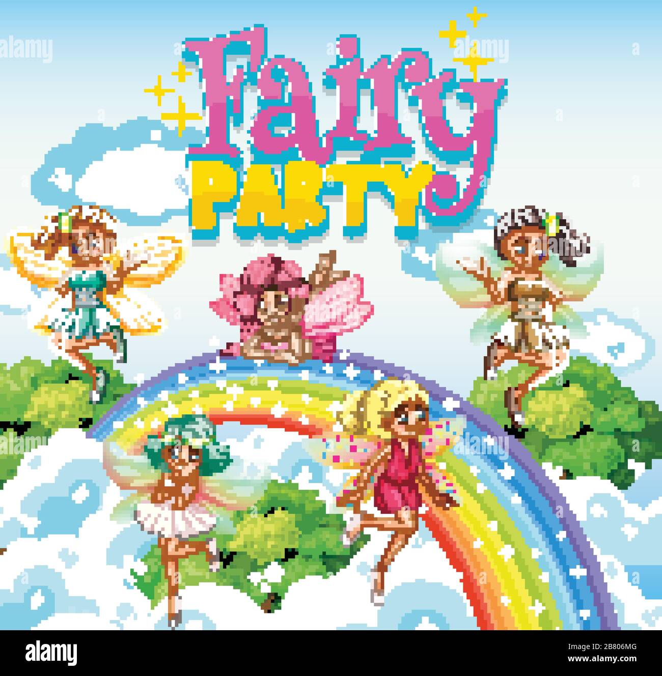 Font design for word fairy party with fairies flying over the rainbow ...