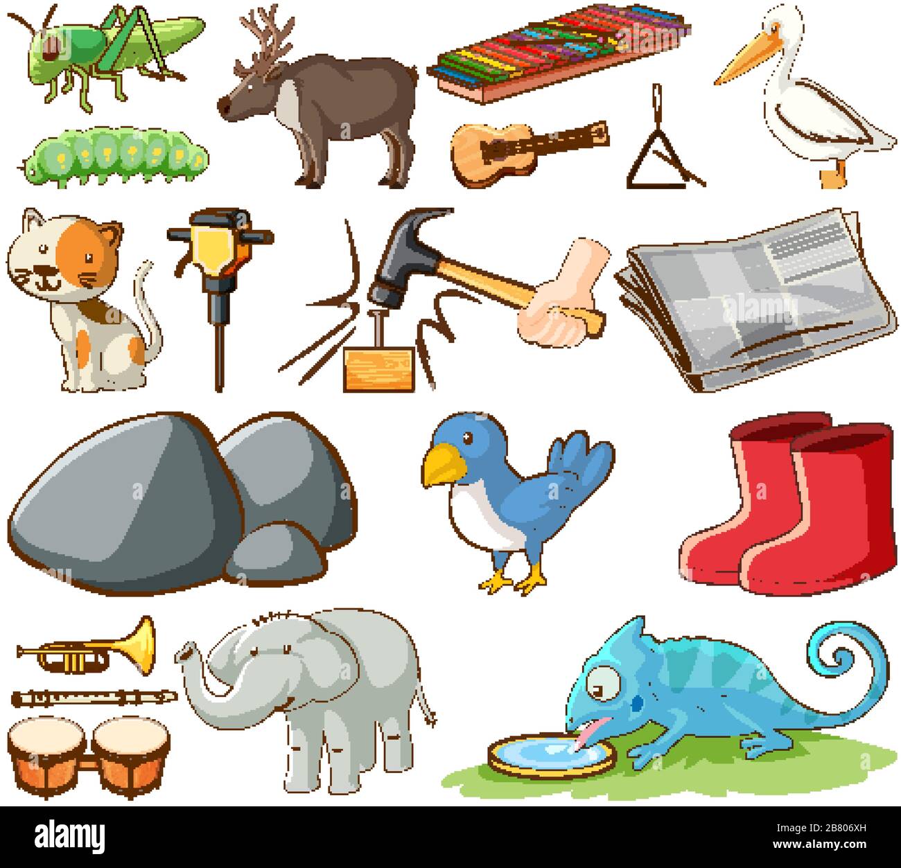 Large set of different animals and other items on white background ...