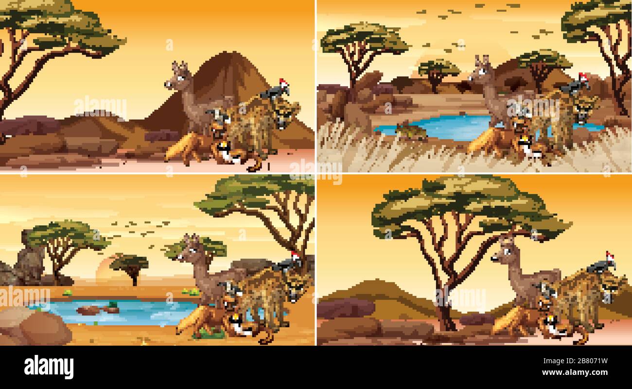 Four different scenes with wild animals illustration Stock Vector Image ...
