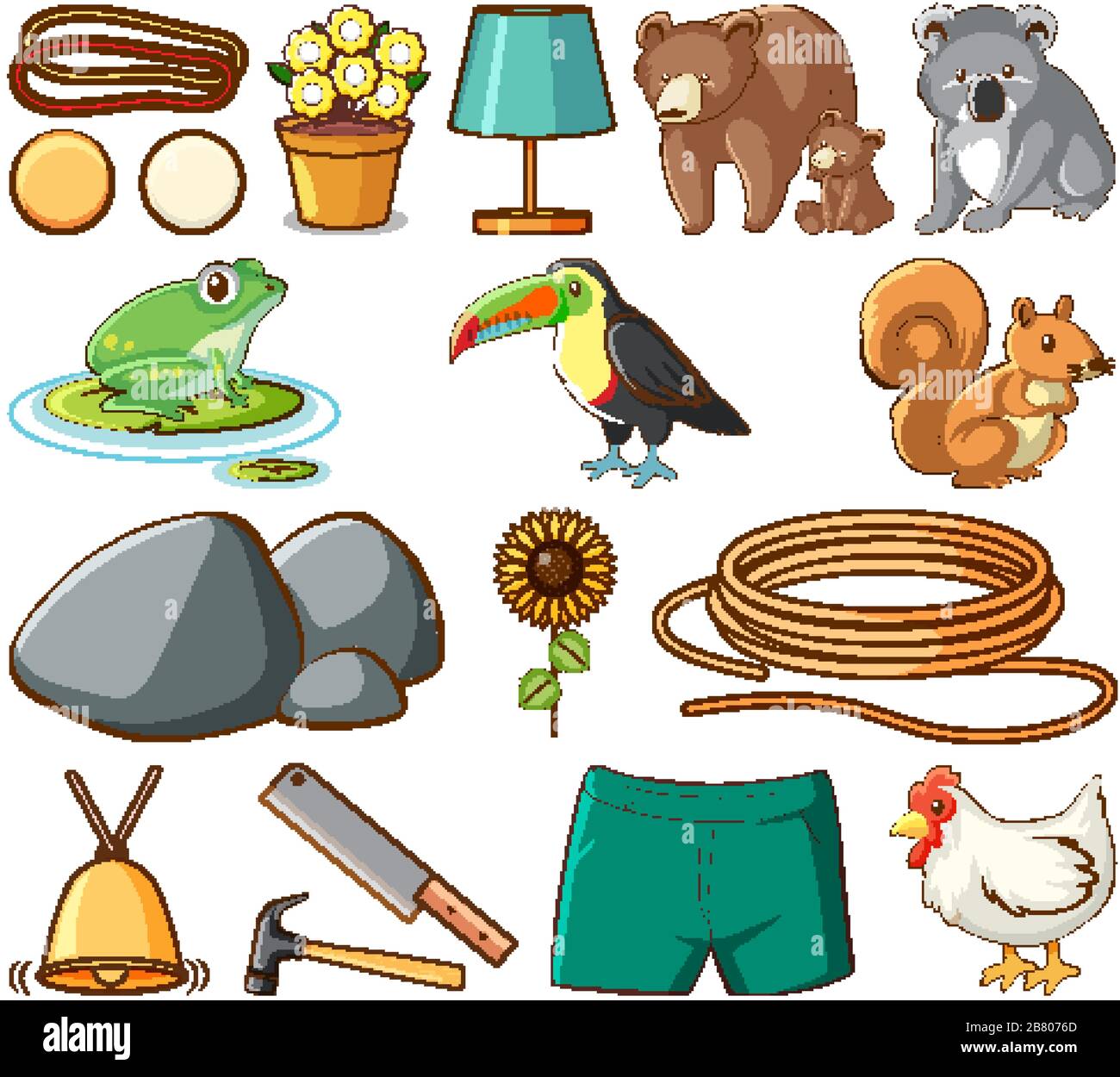 Set of many animals and construction tools on white background ...