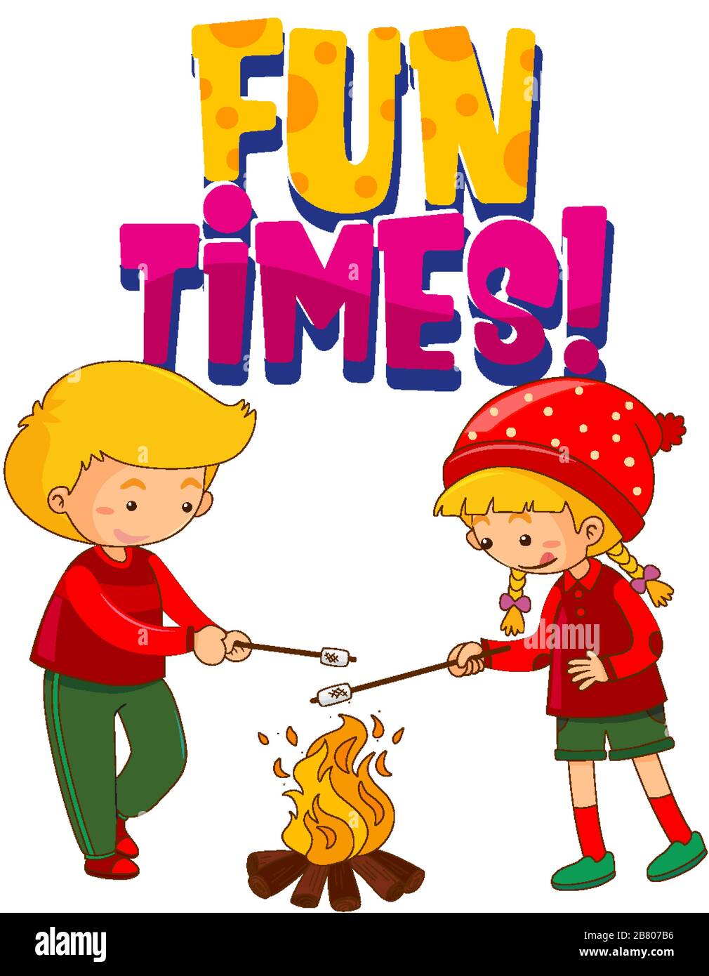 Font design for word fun times with two kids at campfire on white ...