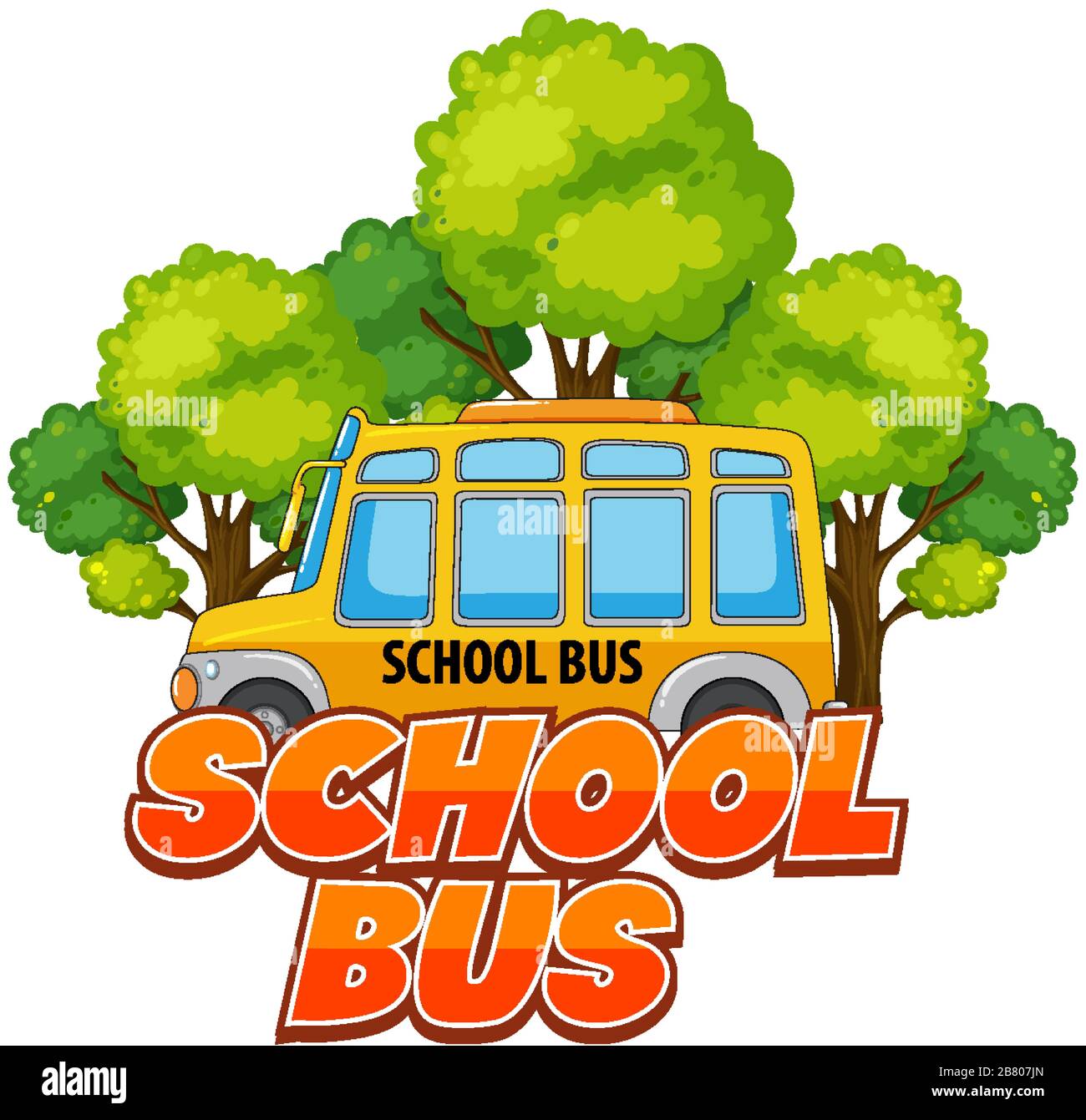 Font design for word school bus with bus and trees illustration Stock ...