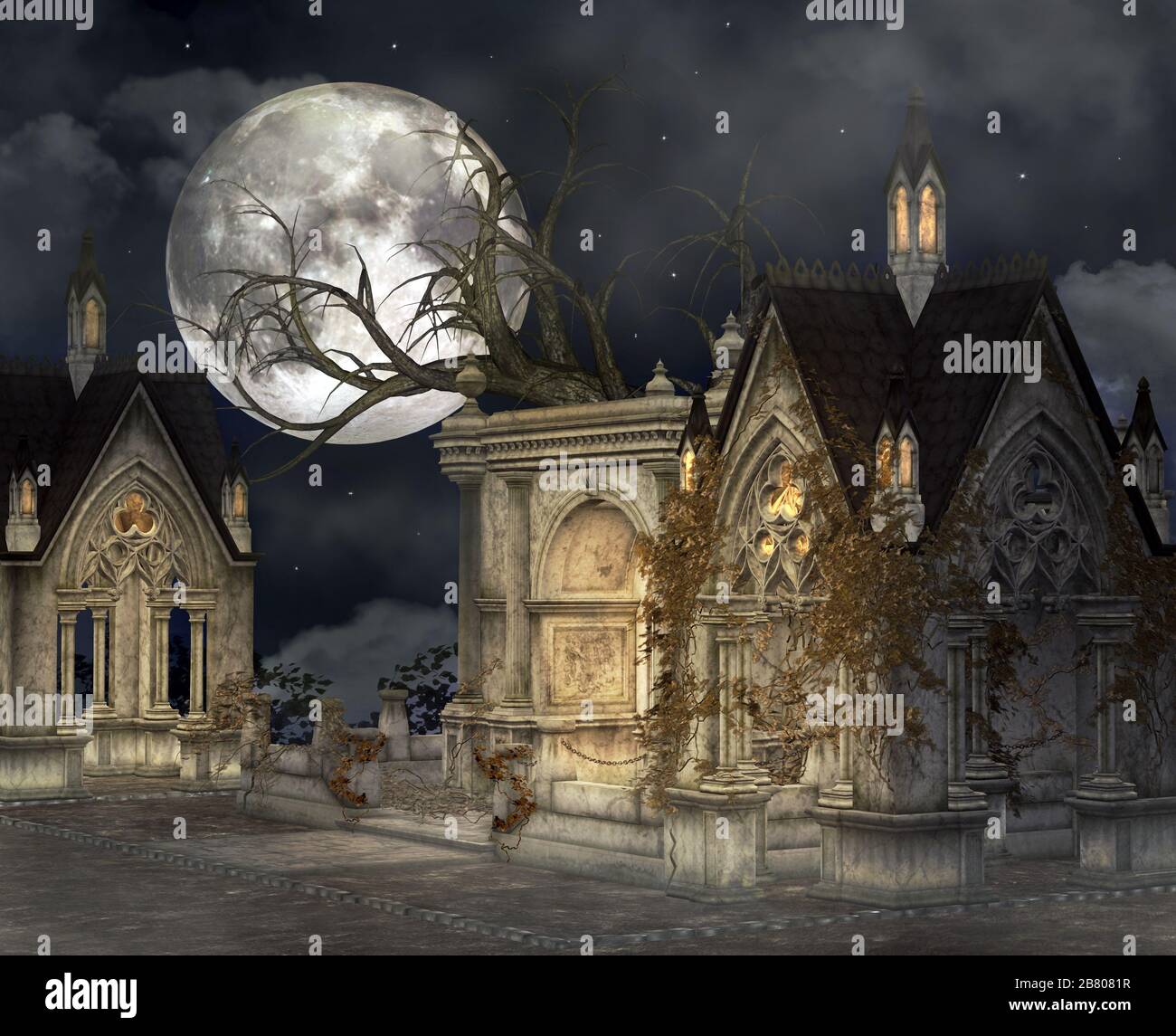 Haunted village in a creepy full moon scenery Stock Photo - Alamy