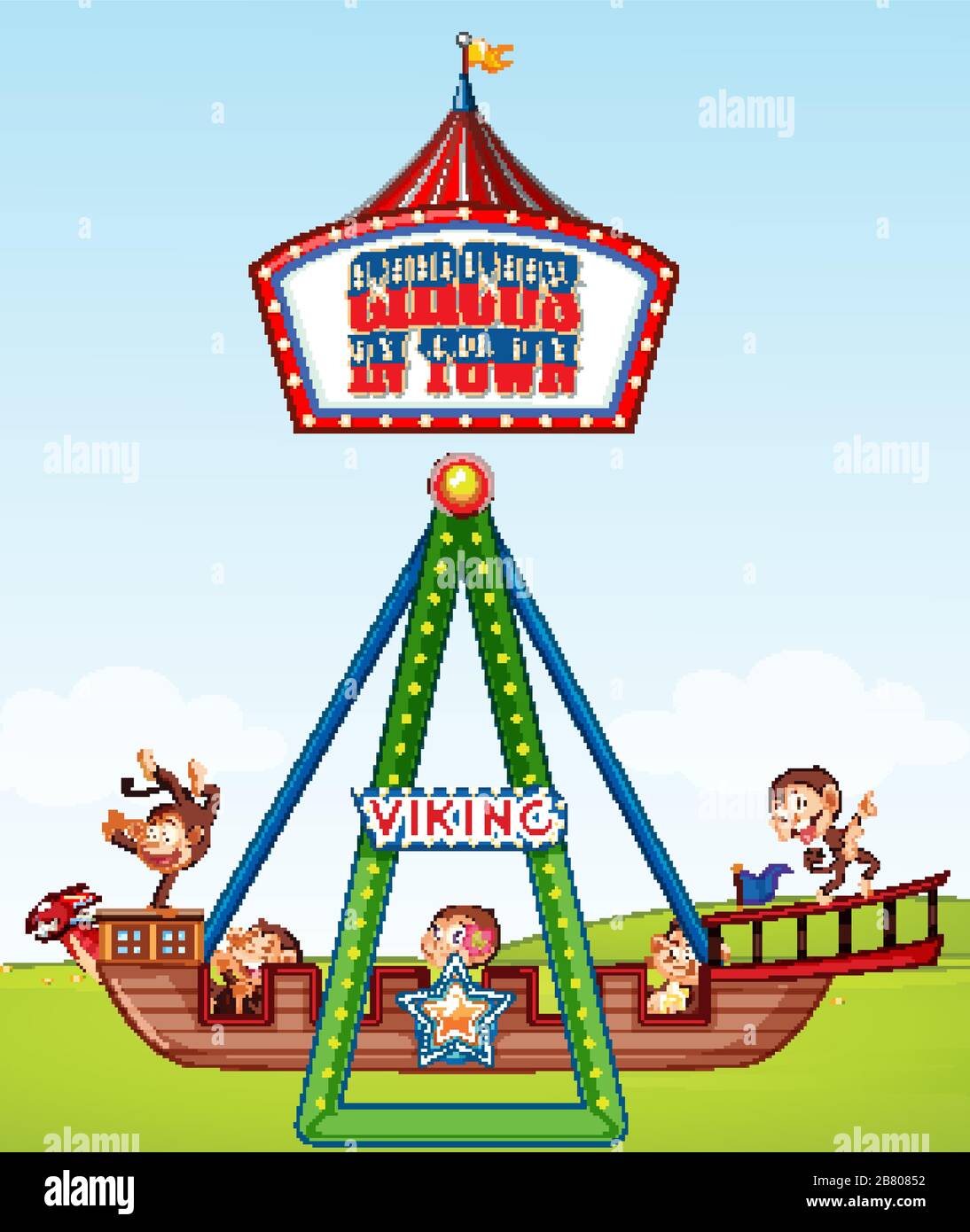 Scene with happy monkeys riding on viking ship in the park illustration ...