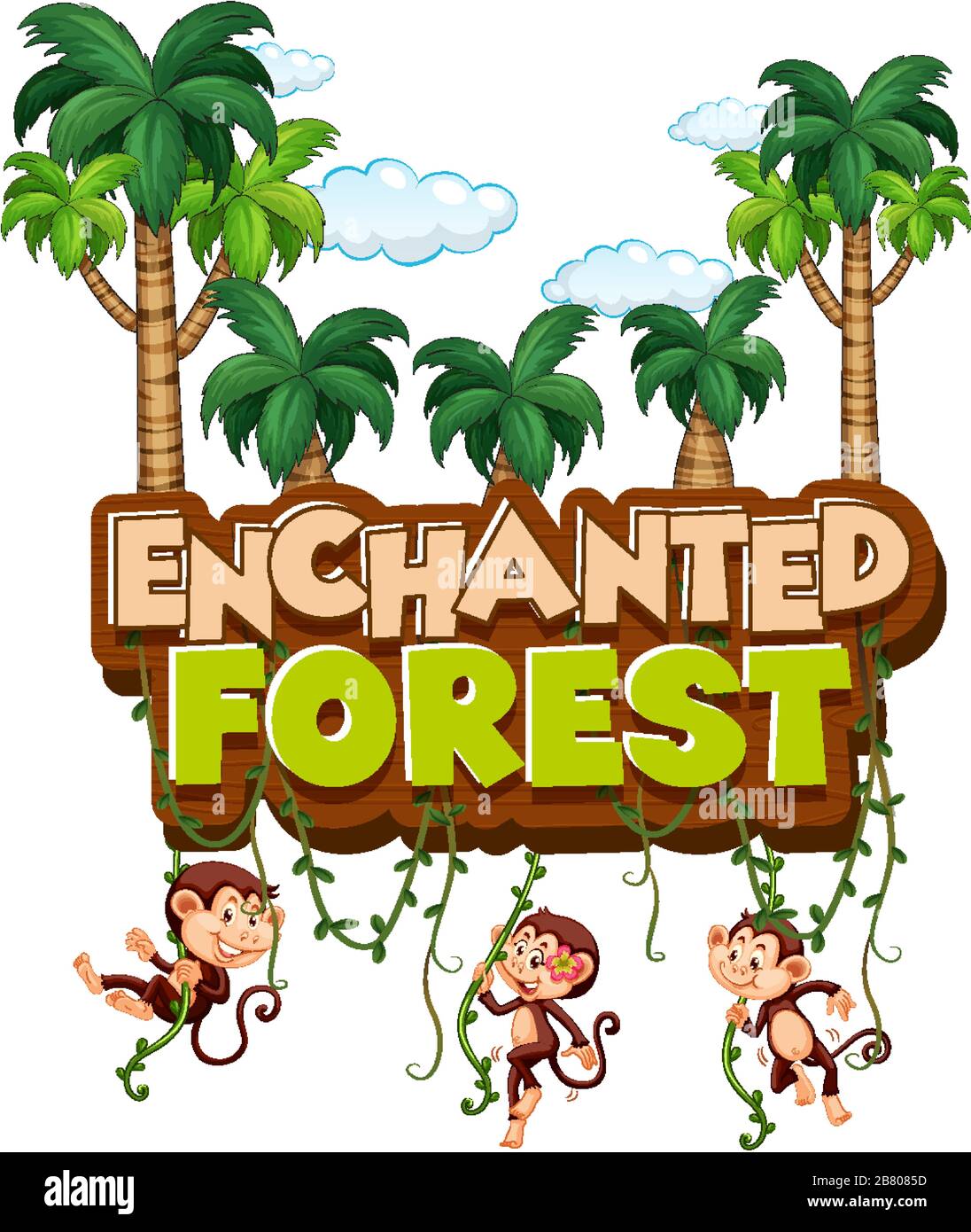 Font design for word enchanted forest with monkeys in forest ...