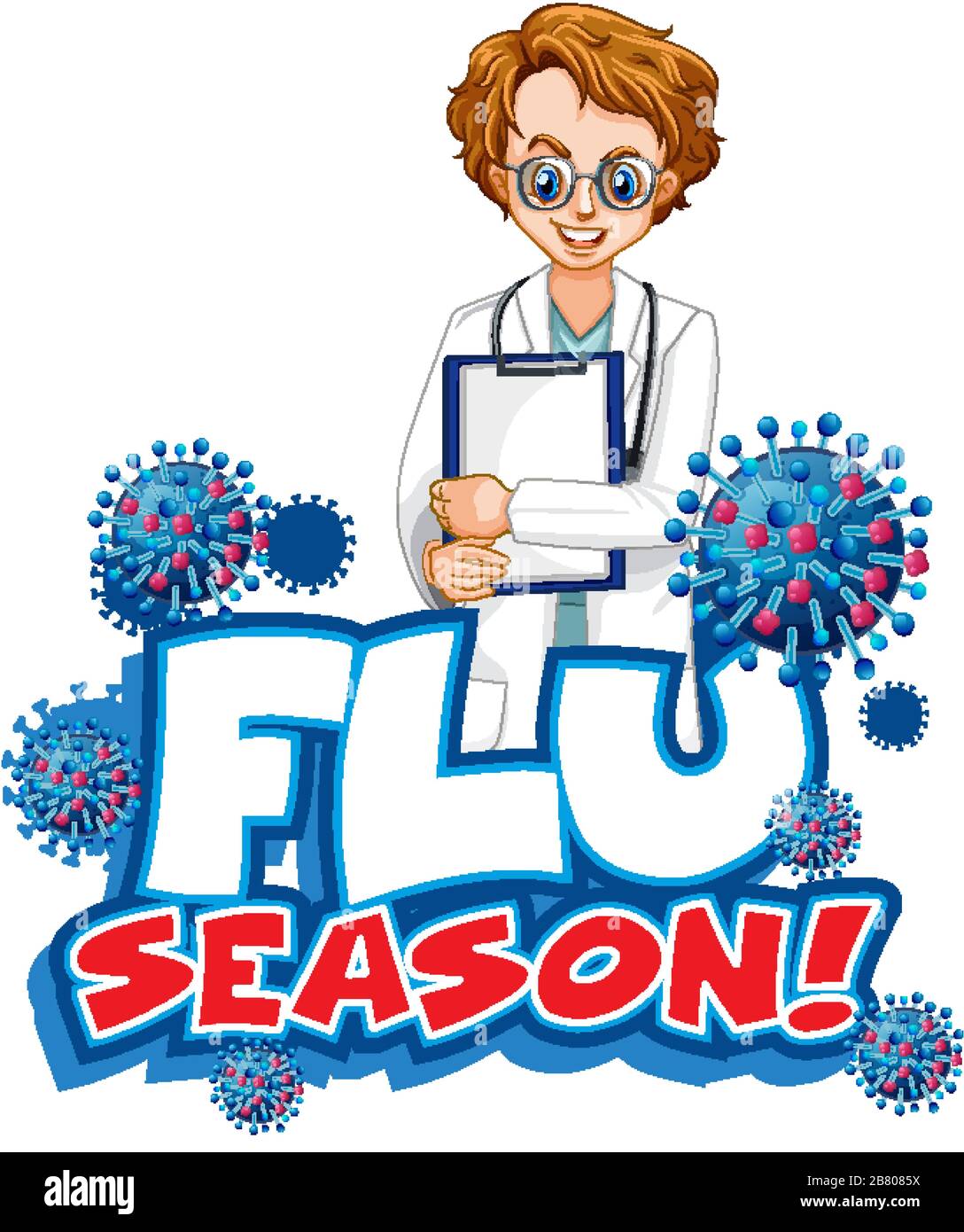 Font design for word flu season with happy doctor illustration Stock ...