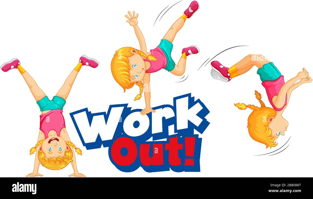 Font design for word work out with girl doing exercise illustration ...