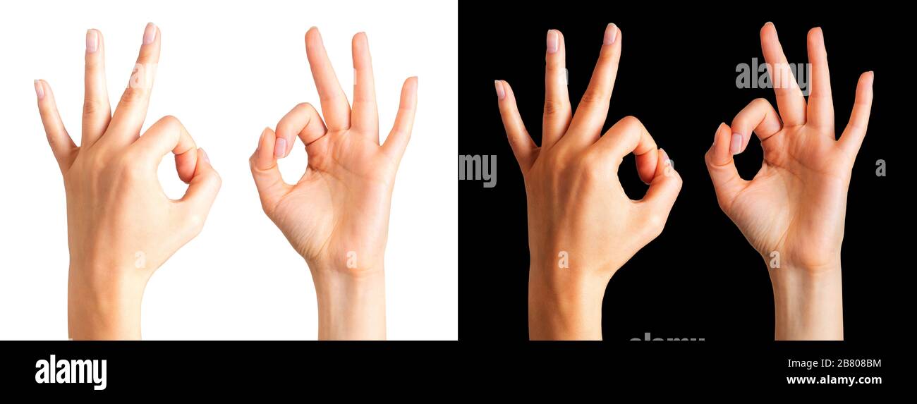 Set of woman hands holding gesture of okay or letter O. Sign of success ...
