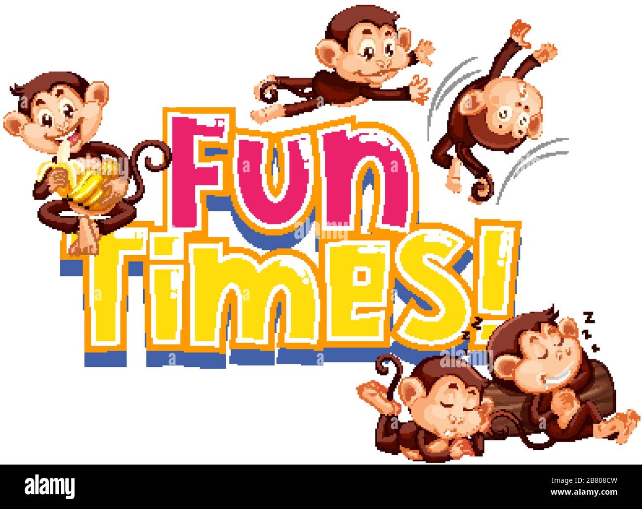 Sticker design for word fun times with cute monkeys illustration Stock ...