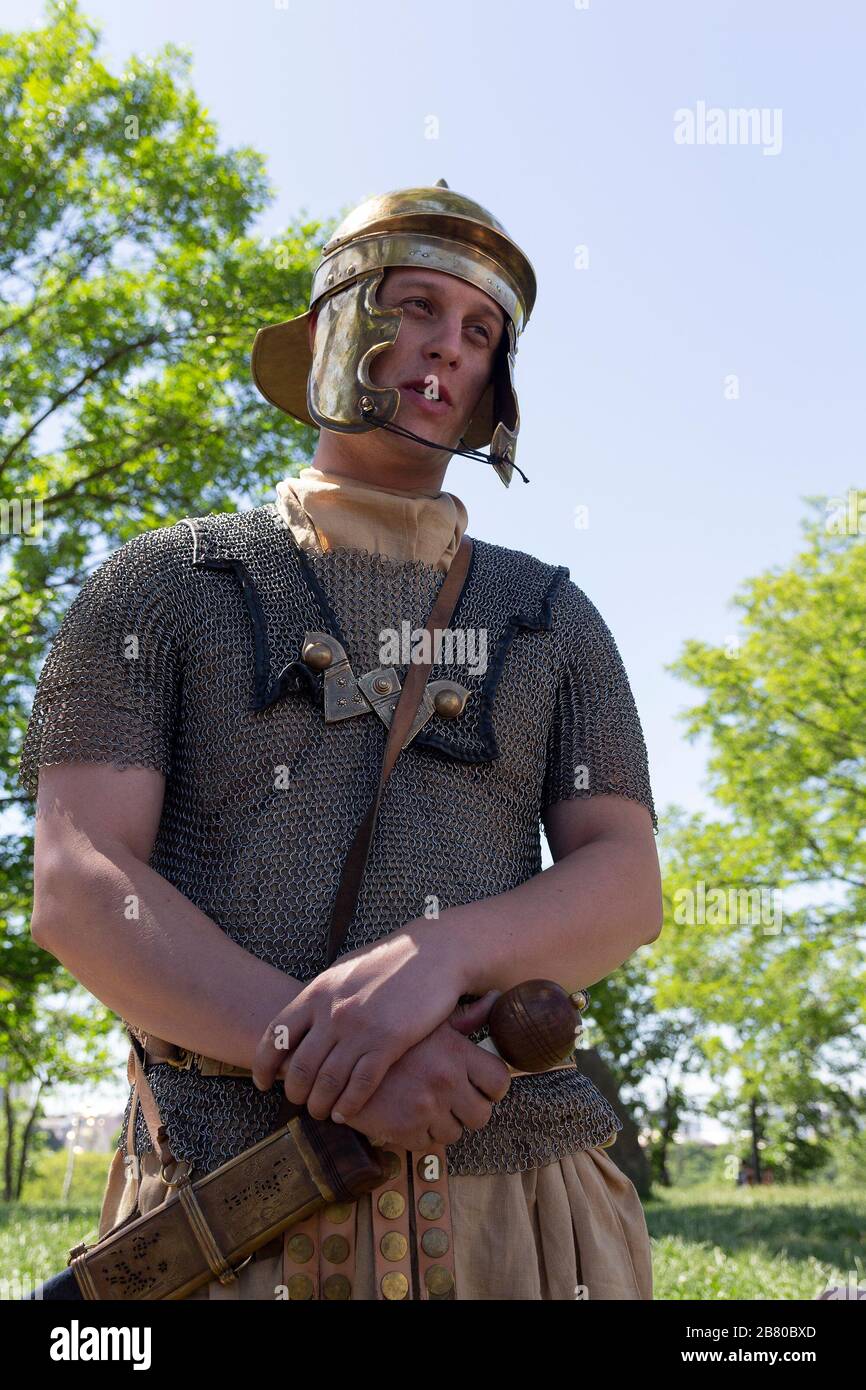Kiev, Ukraine - May 27 2018: Man dressed as a Roman legionary in the ...