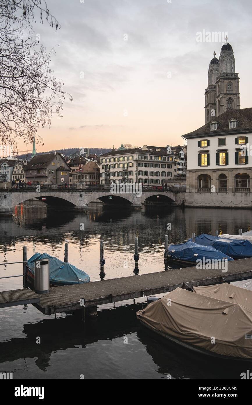 Zurich, Switzerland with Munsterbrucke bridge over Limmat river Stock ...