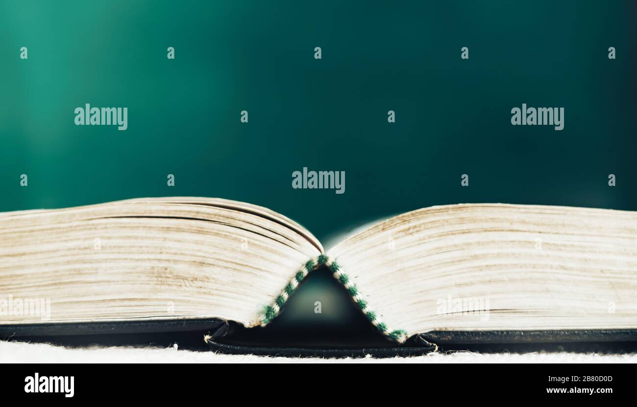 Close up Holy Bible on a old round table. Beautiful green wall ...