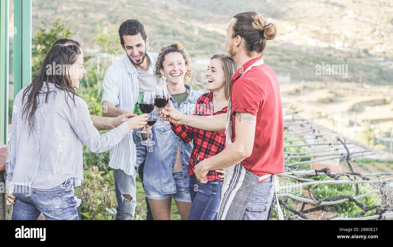 Happy friends cheering with red wine at dinner in vineyard farm - Young ...